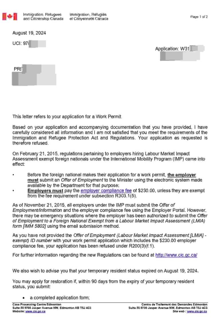 Work Permit Approval Letter | Work permit refusal reasons